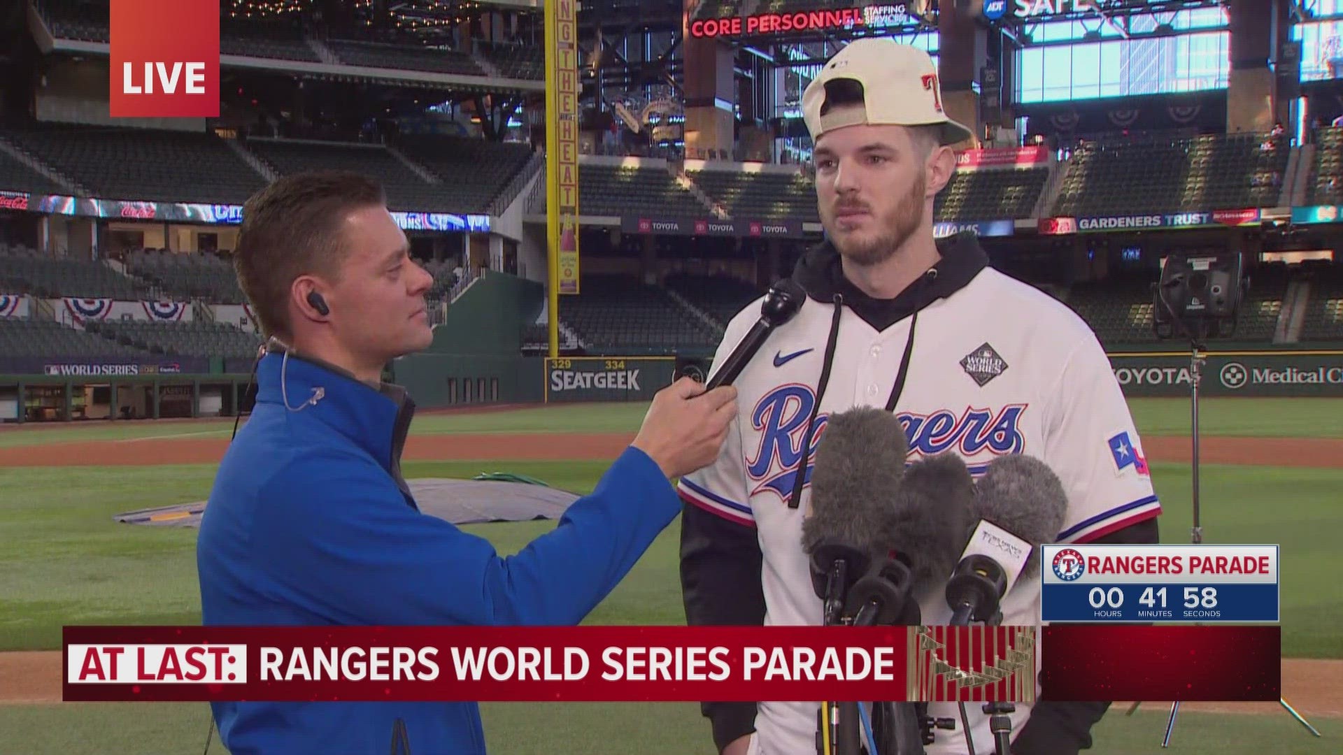 Jonah Heim talks at the Texas Rangers 2023 World Series parade | wfaa.com