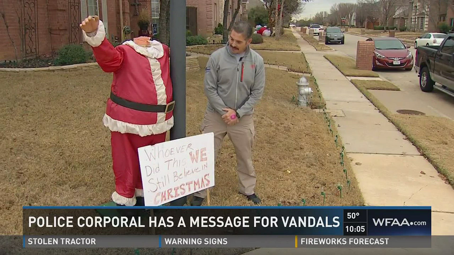 Homeowner has message for vandals who left headless Santa | wfaa.com