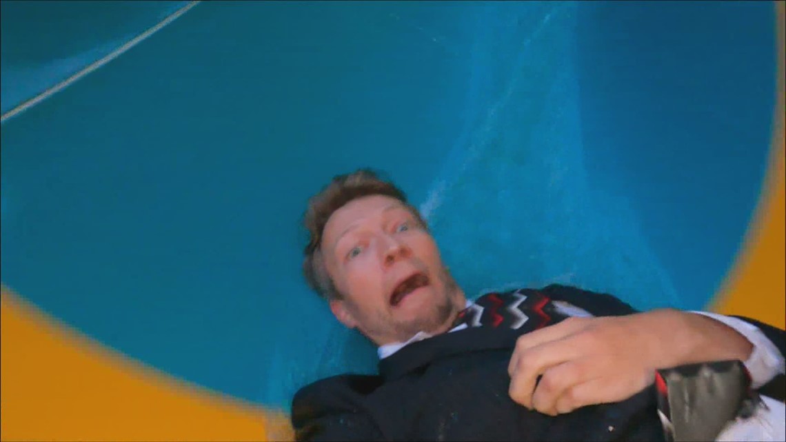 Watch Sean Giggy go down a Hurricane Harbor waterslide in a full suit ...
