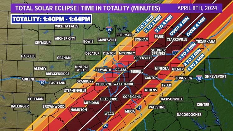 Texas total solar eclipse: Areas with longest times in totality | wfaa.com