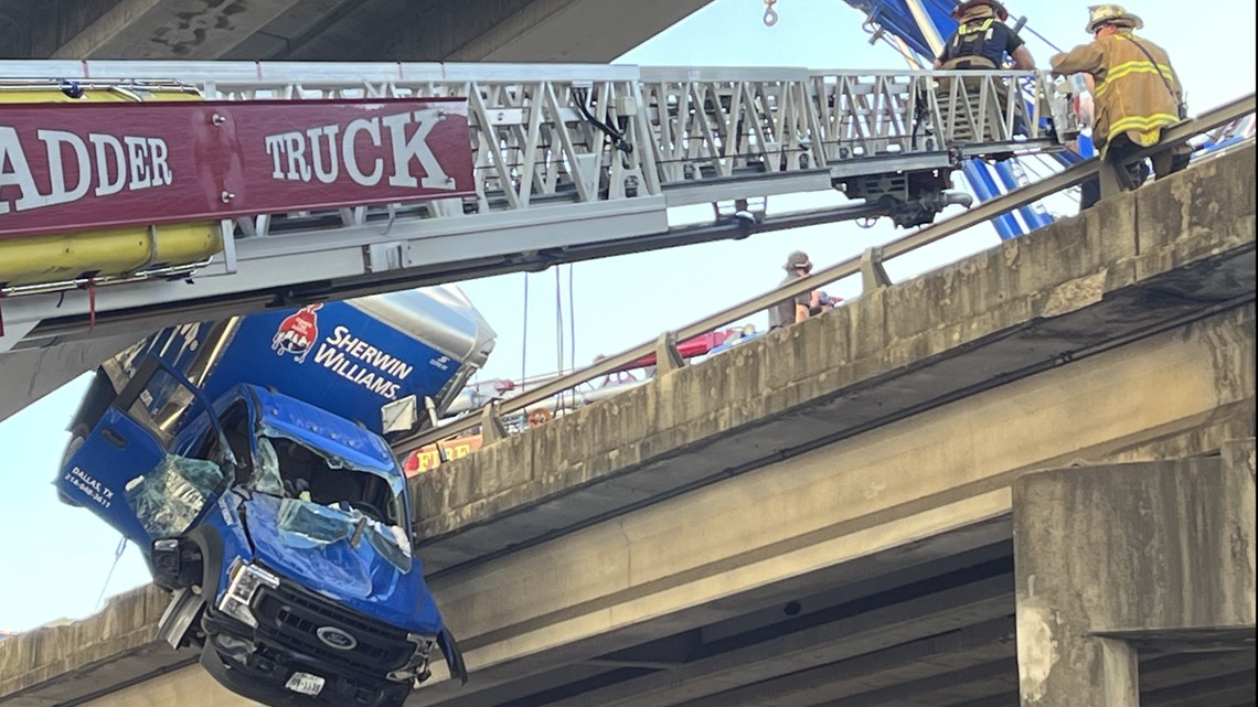 Truck hanging off I-35 bridge | wfaa.com