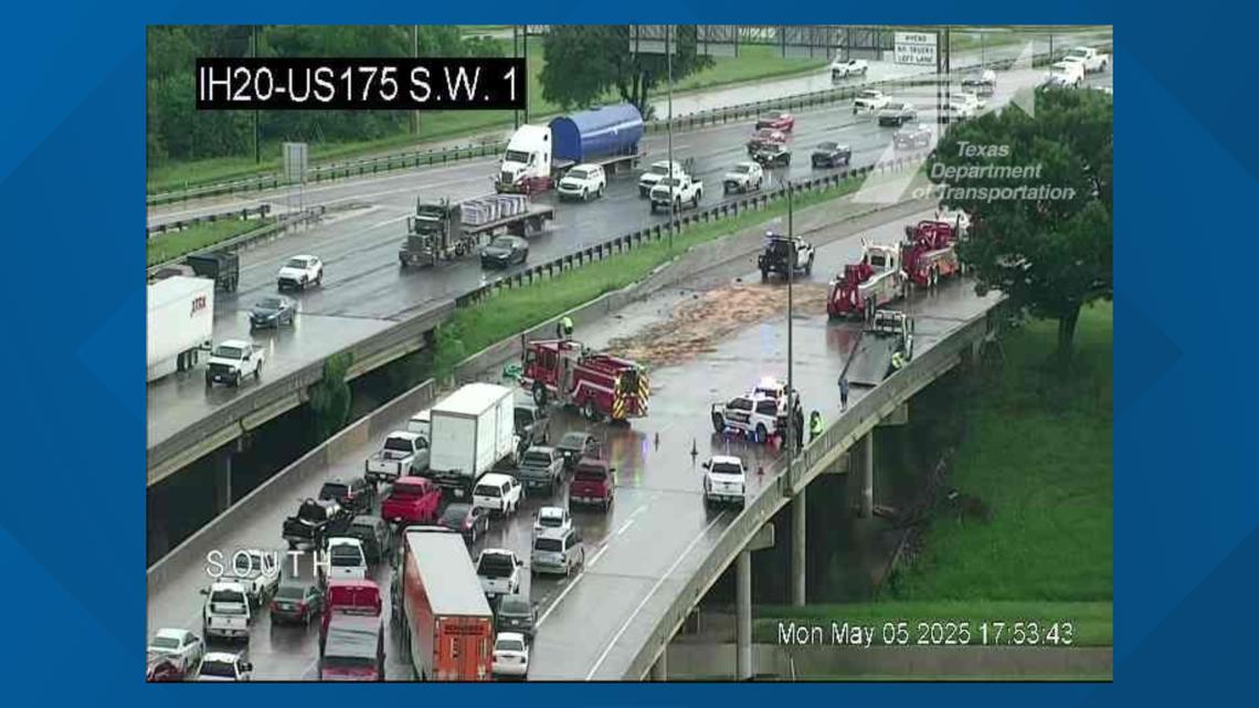 Overturned 18-wheeler spills diesel fuel onto LBJ Freeway in Dallas ...