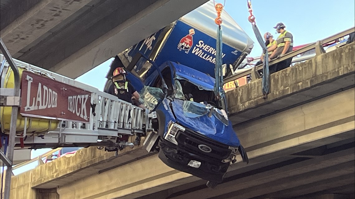 Sherwin Williams truck hanging off I-35 | wfaa.com