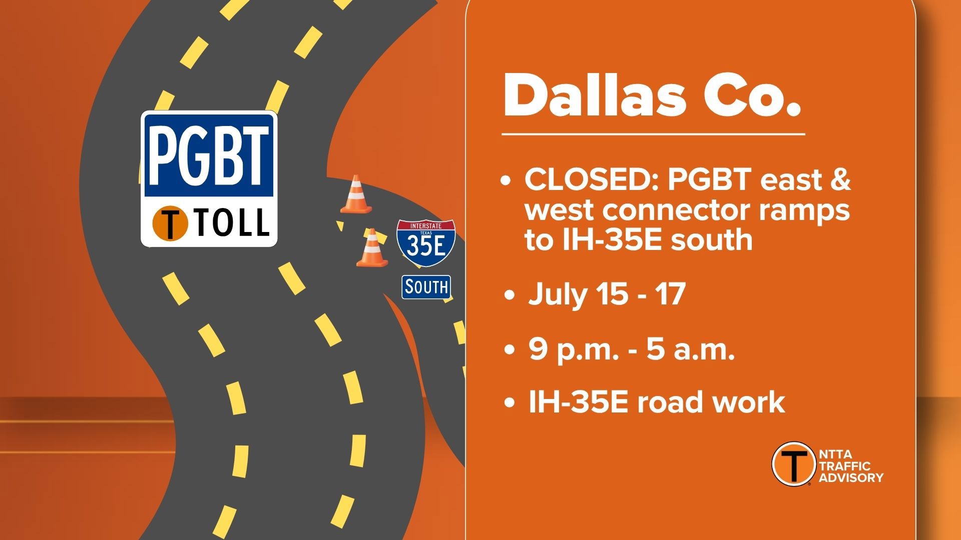 PGBT lanes close nightly July 15-17 for repairs | wfaa.com