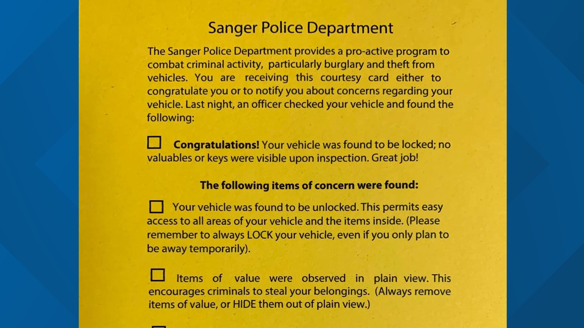 Sanger police suspend program that tried to stop car burglaries | wfaa.com