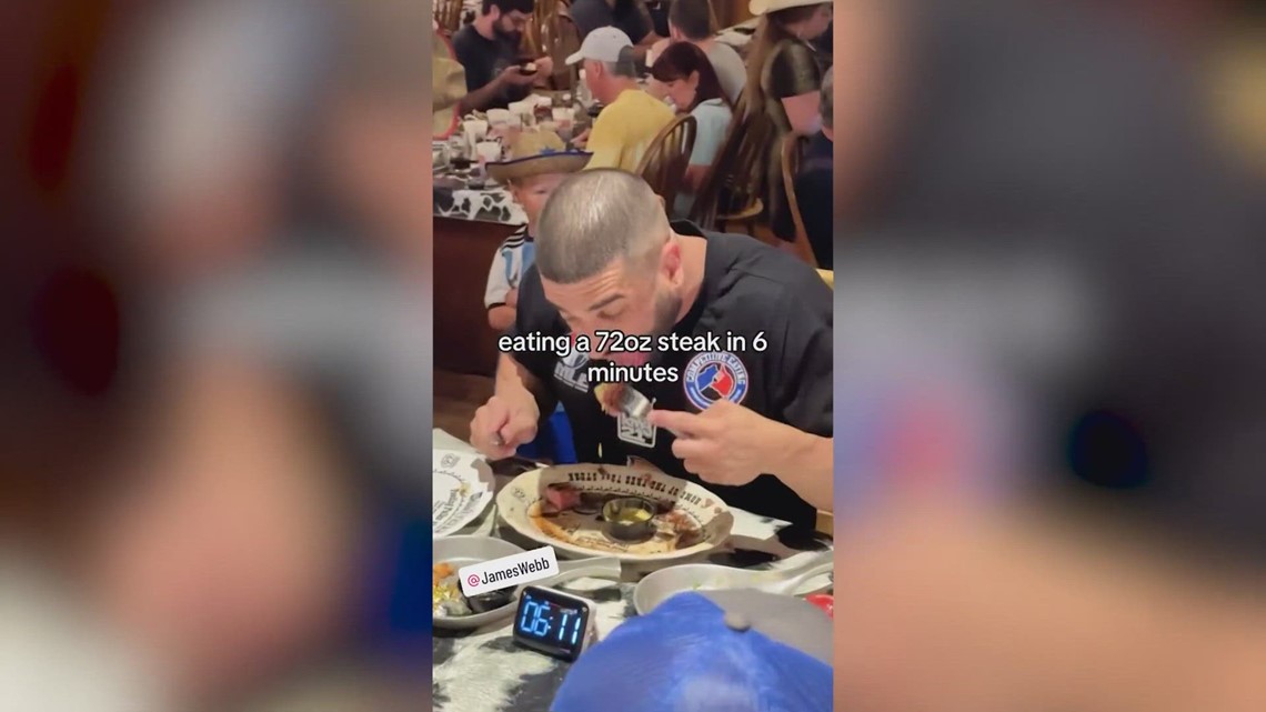 Competitive eater demolishes Texas 72oz steak challenge | wfaa.com