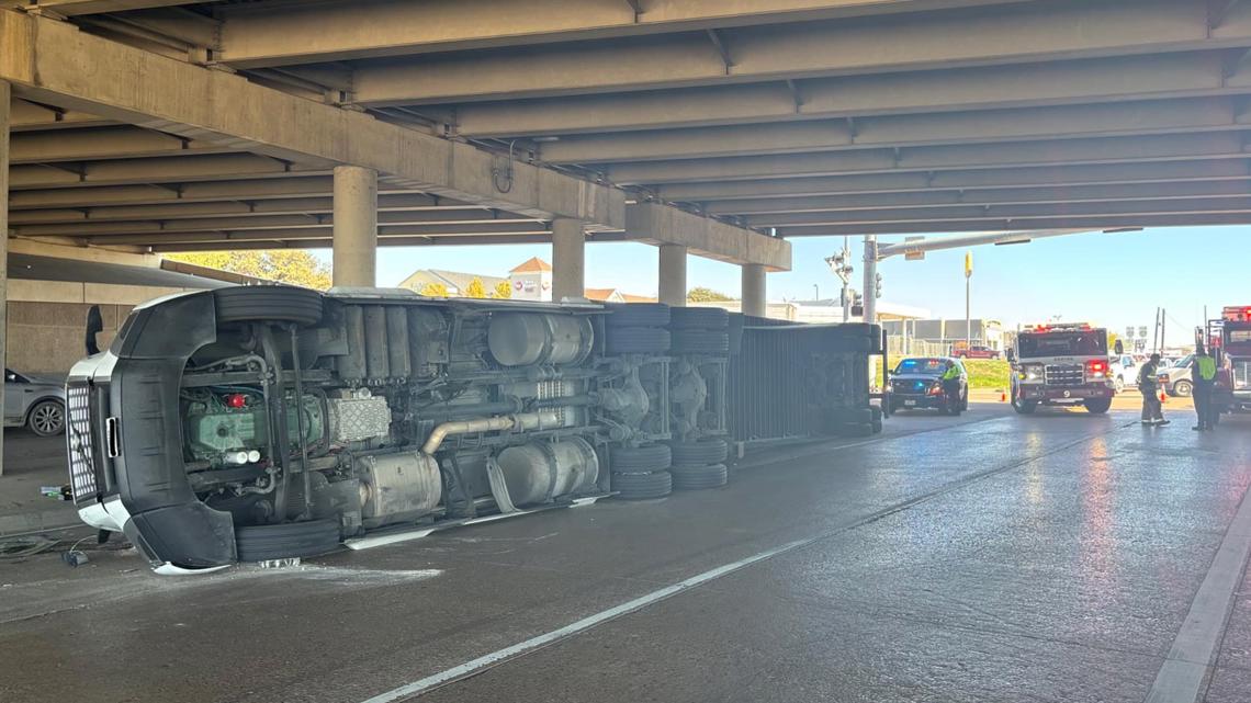 Overturned semi blocks traffic under I-35 bridge in Denton | wfaa.com