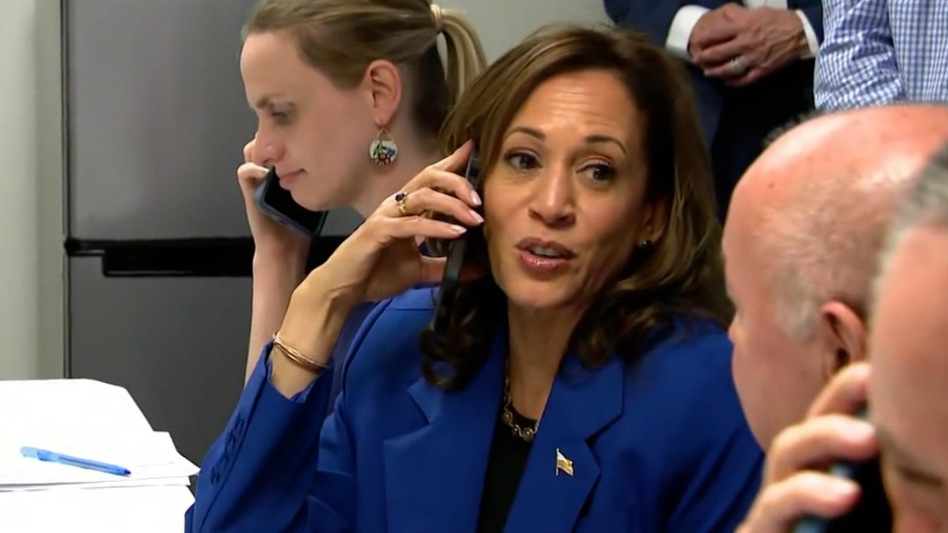 Kamala Harris and Tim Walz visit campaign call center in Rochester, PA ...