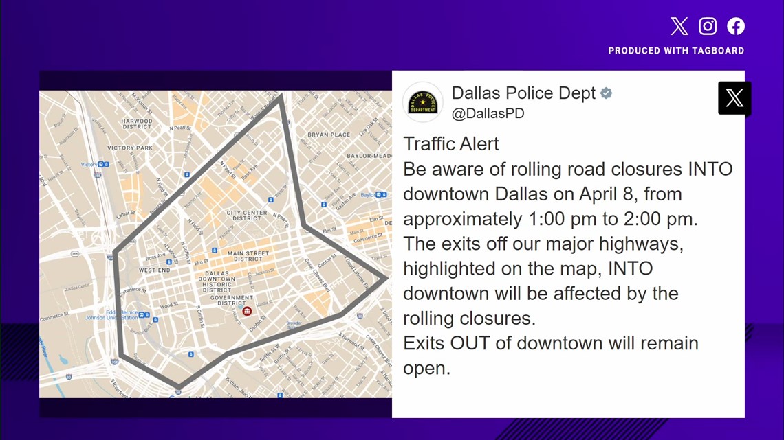 'Rolling road closures' expected in downtown Dallas Monday, police say ...
