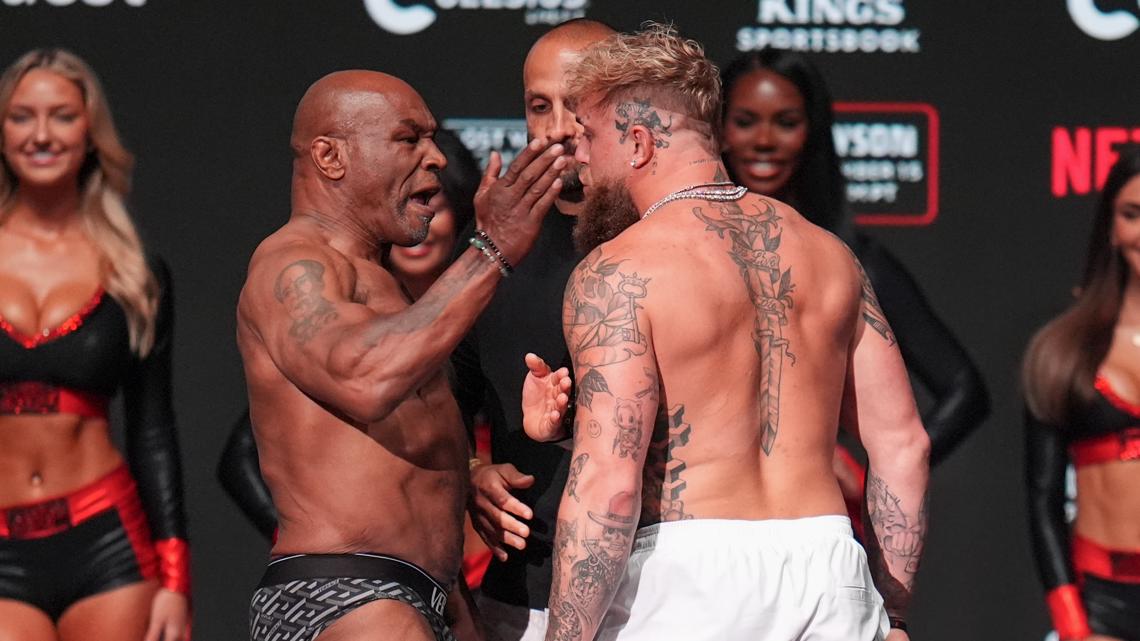 Mike Tyson slaps Jake Paul ahead of fight in Arlington | wfaa.com
